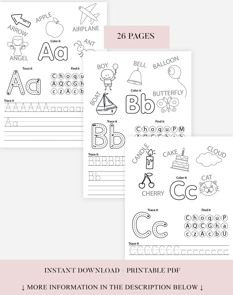 Alphabet Worksheets Printable Tracing Coloring Homeschool Teacher Kids ...