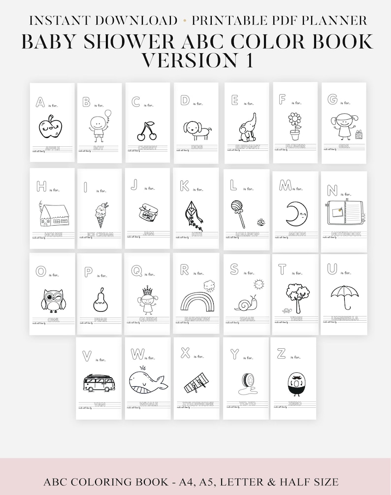 ABC Baby Shower Coloring Book A-Z Alphabets Learning Baby Shower Game ...
