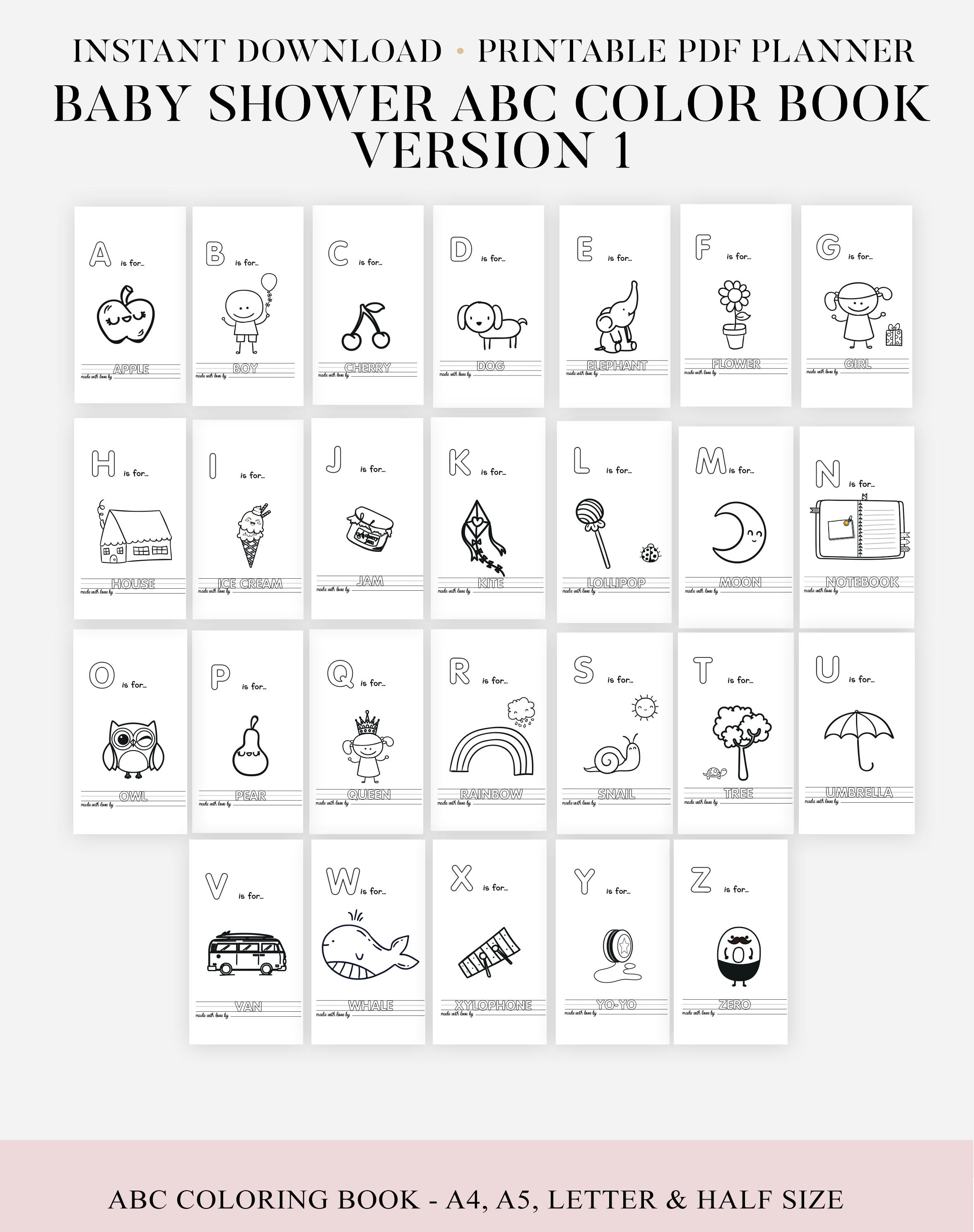ABC Baby Shower Coloring Book A-Z Alphabets Learning Baby Shower Game ...