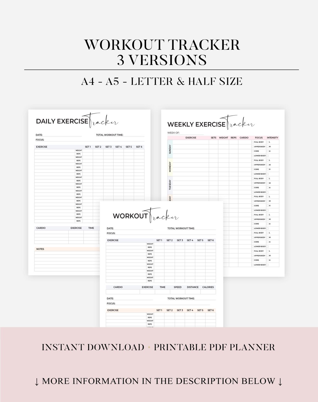 Workout Tracker Printable, Fitness Planner, Daily Exercise Log, Fitness ...