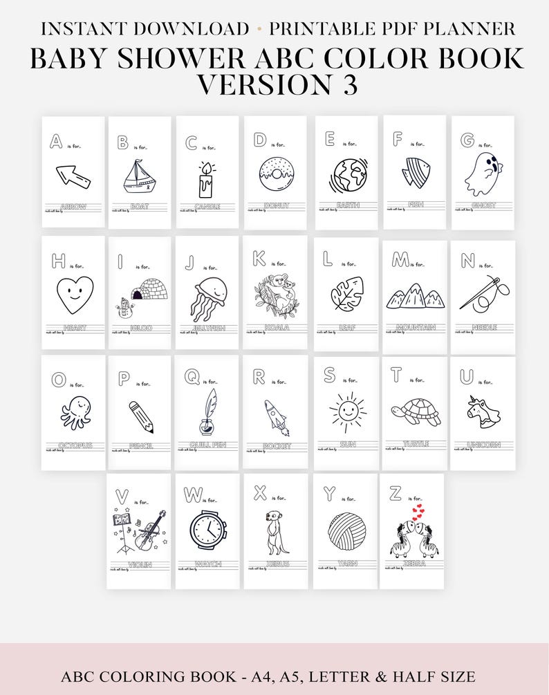 ABC Baby Shower Coloring Book A-Z Alphabets Learning Baby Shower Game ...