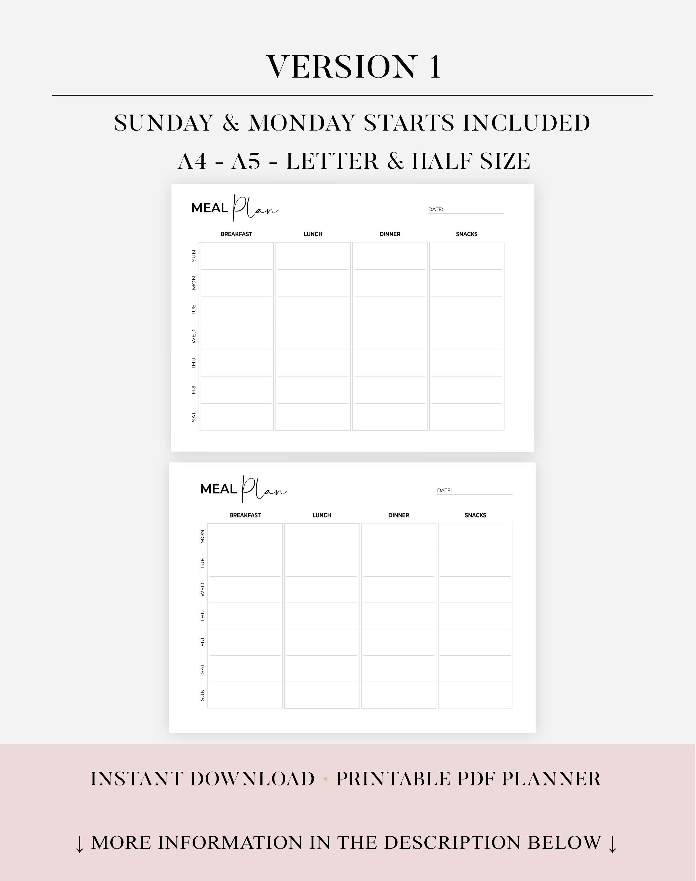 Printable Weekly Meal Planner Landscape and Grocery List, Food Diary ...