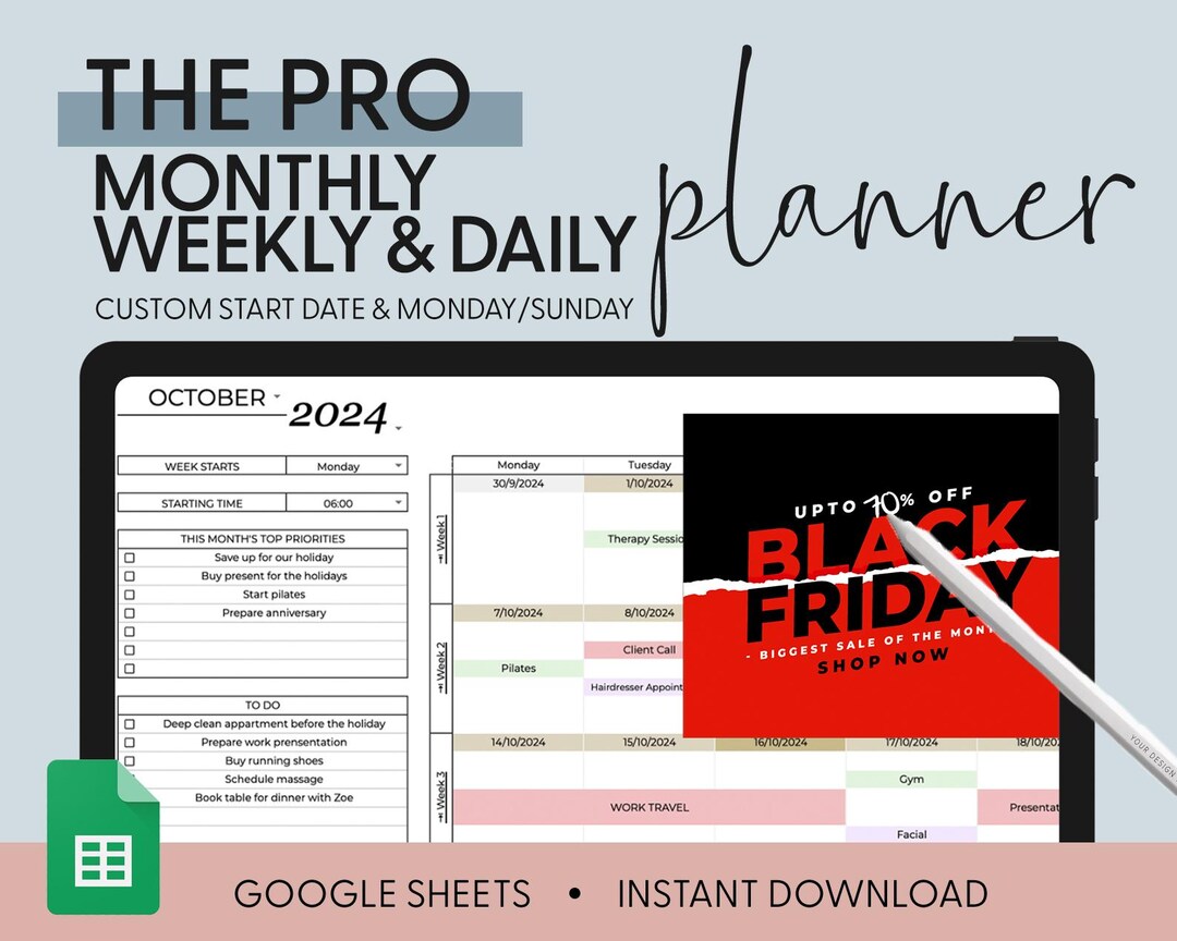 BLACK FRIDAY Digital Planner Spreadsheet for Google Sheets, to Do List ...