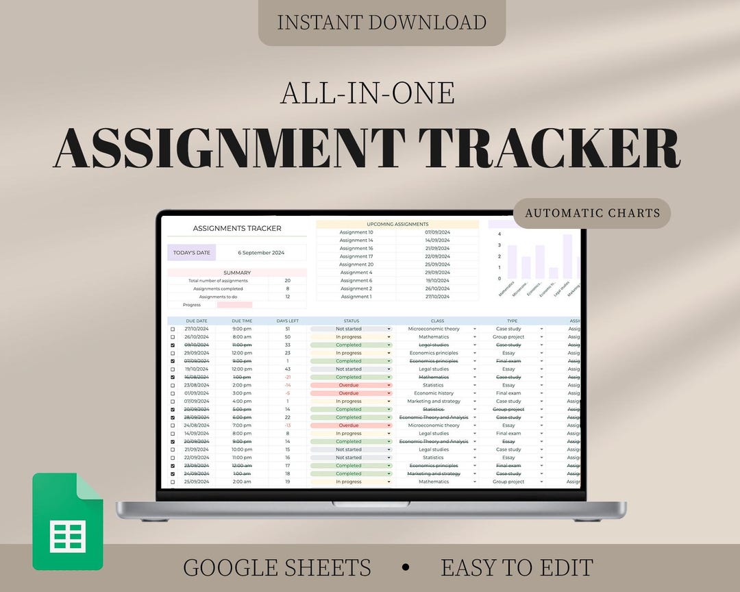 Academic Student Planner Spreadsheet, School Assignment Tracker Google ...
