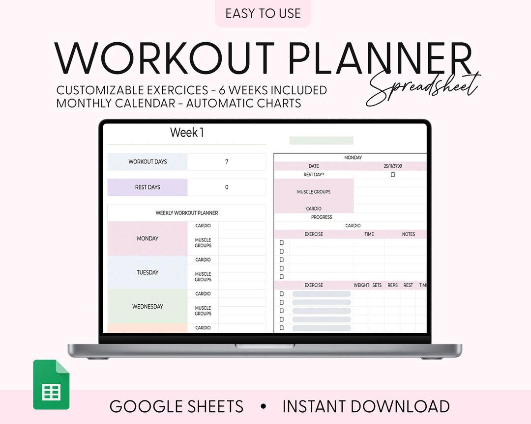 Workout Planner Spreadsheet | Google Sheets Excel Exercise | Tracker ...