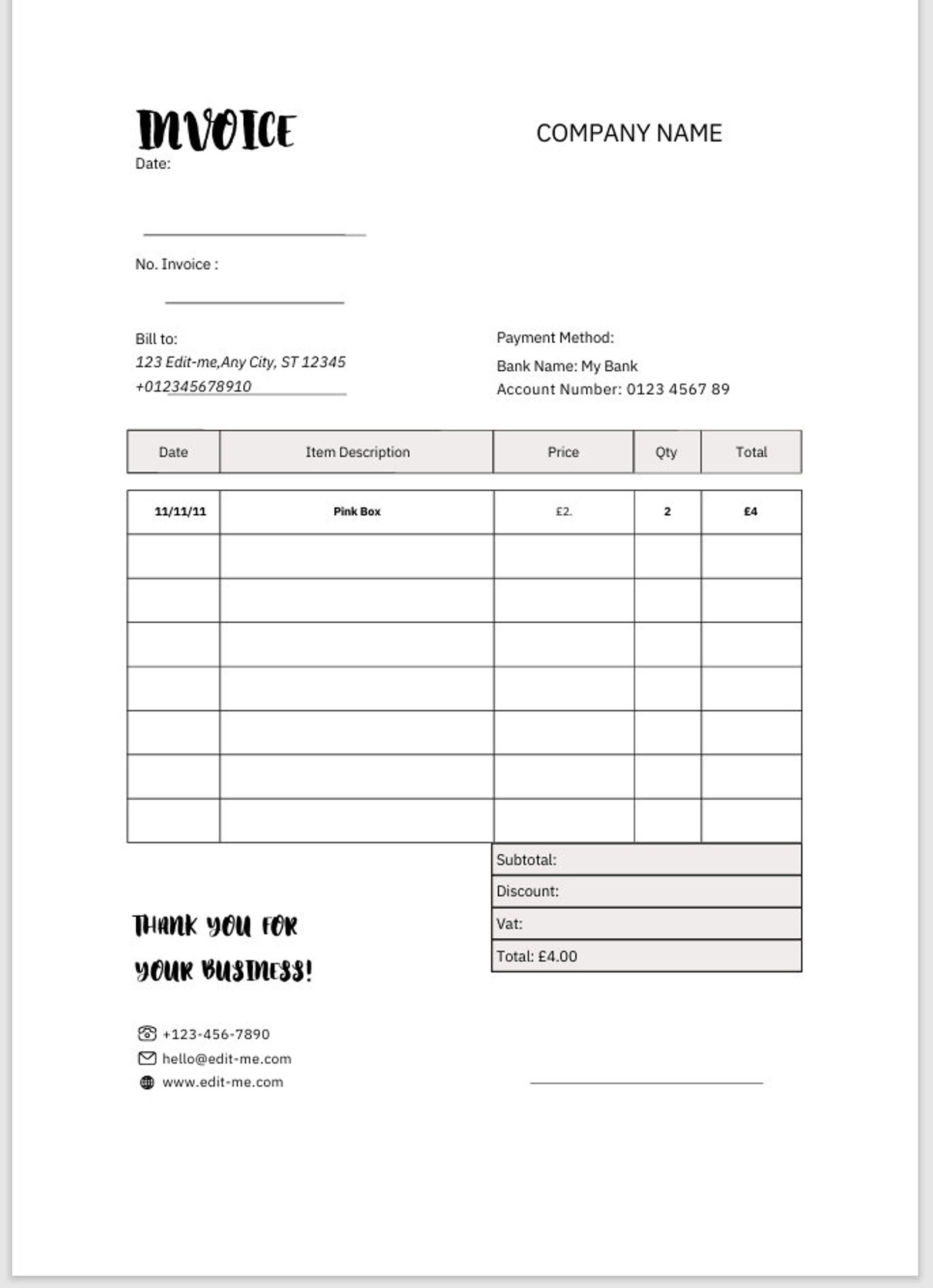 Simple Digital Invoice - Etsy