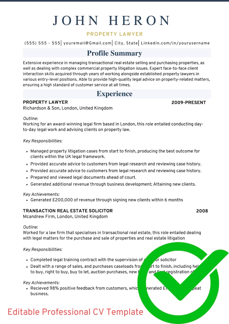 Professional CV Template, Resume Template, ATS Ready CV - Etsy