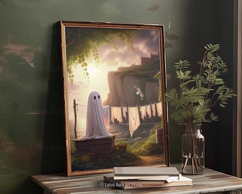 Ghost Doing Laundry Print, Gouache Painting, Ghost Laundry Print, Dark ...