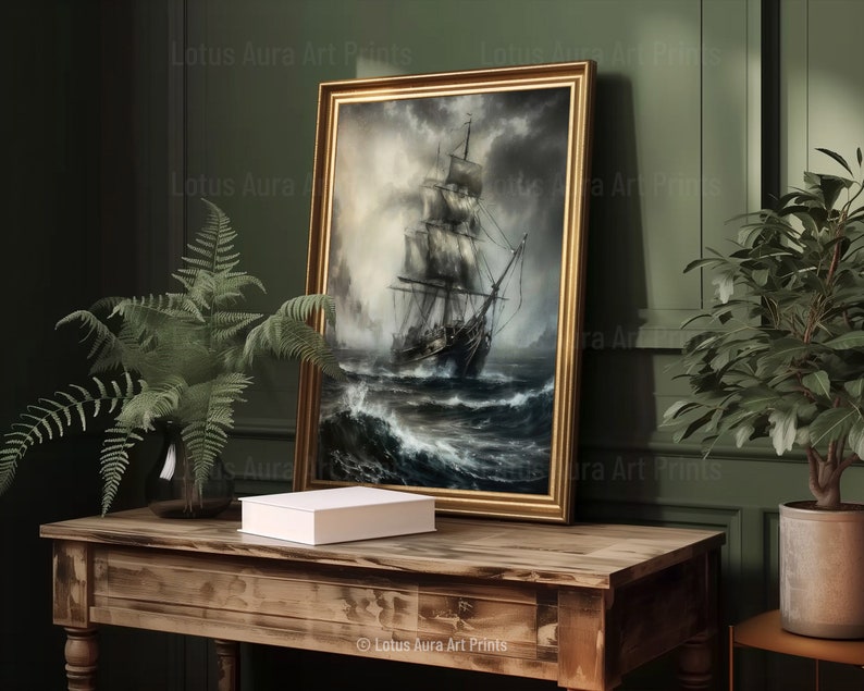 Ship in Stormy Sea, Coastal & Ocean Aesthetic, Dark Academia Decor ...