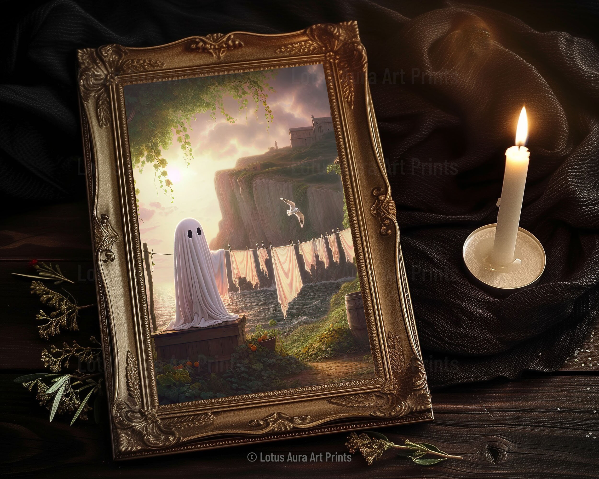 Ghost Doing Laundry Print, Gouache Painting, Ghost Laundry Print, Dark ...