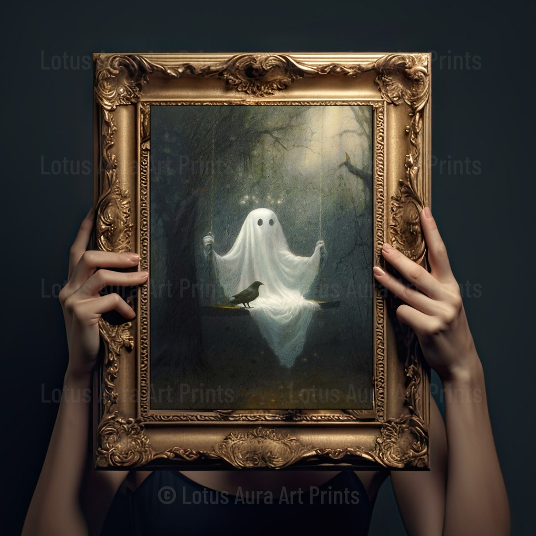 Ghost on A Swing Poster, Sheeted Ghost Art Print, Halloween Ghost ...