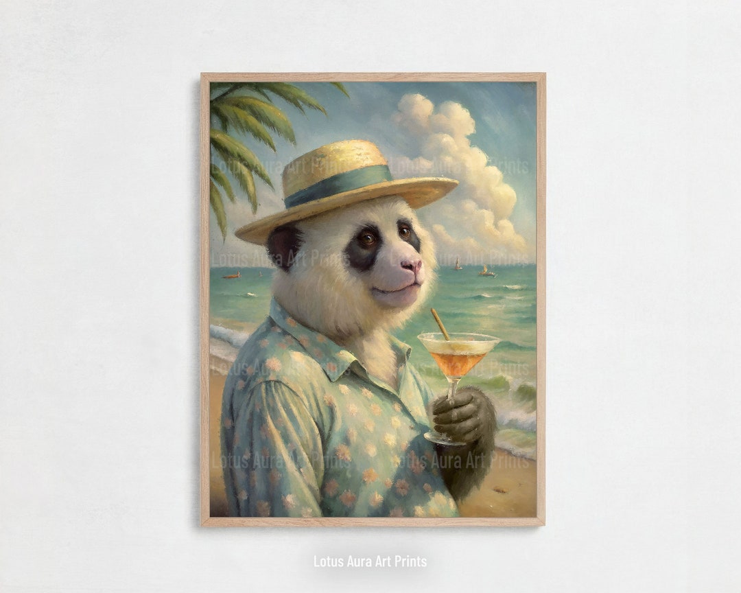 Retro Panda Cocktail Print, Trendy Modern Bar Cart Decor,funny Vintage ...