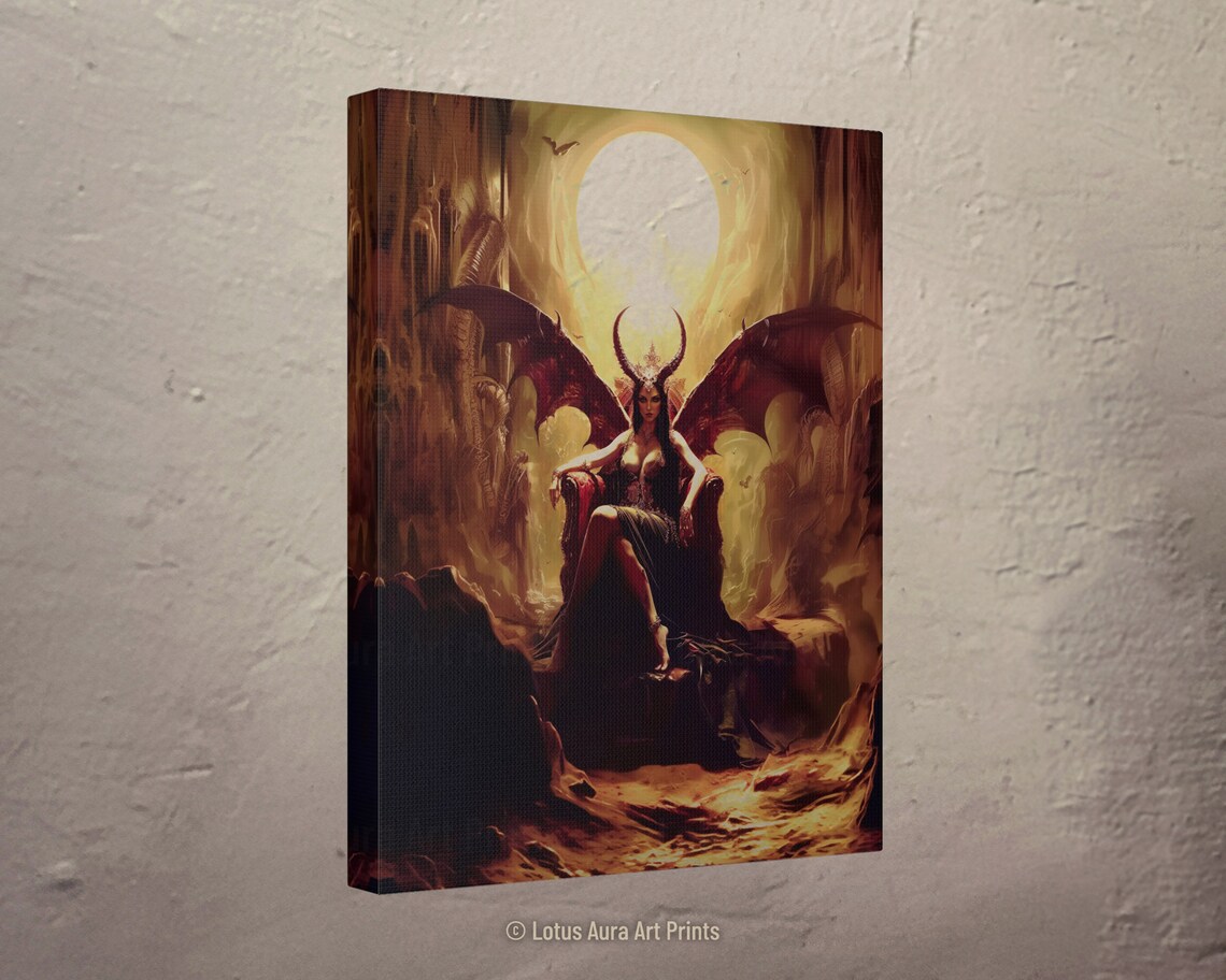 Lilith Sitting on Throne Devil Print Canvas, Demon Vintage Dark Art ...