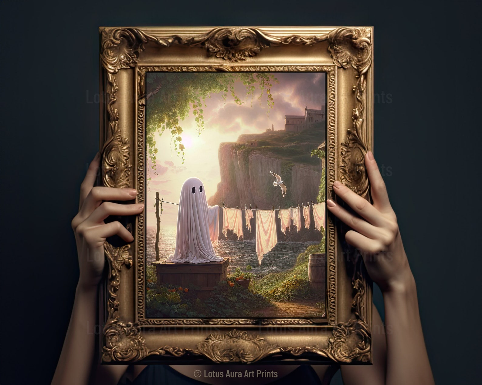 Ghost Doing Laundry Print, Gouache Painting, Ghost Laundry Print, Dark ...