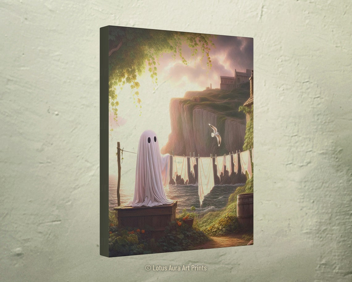 Ghost Doing Laundry Print, Gouache Painting, Ghost Laundry Print, Dark ...