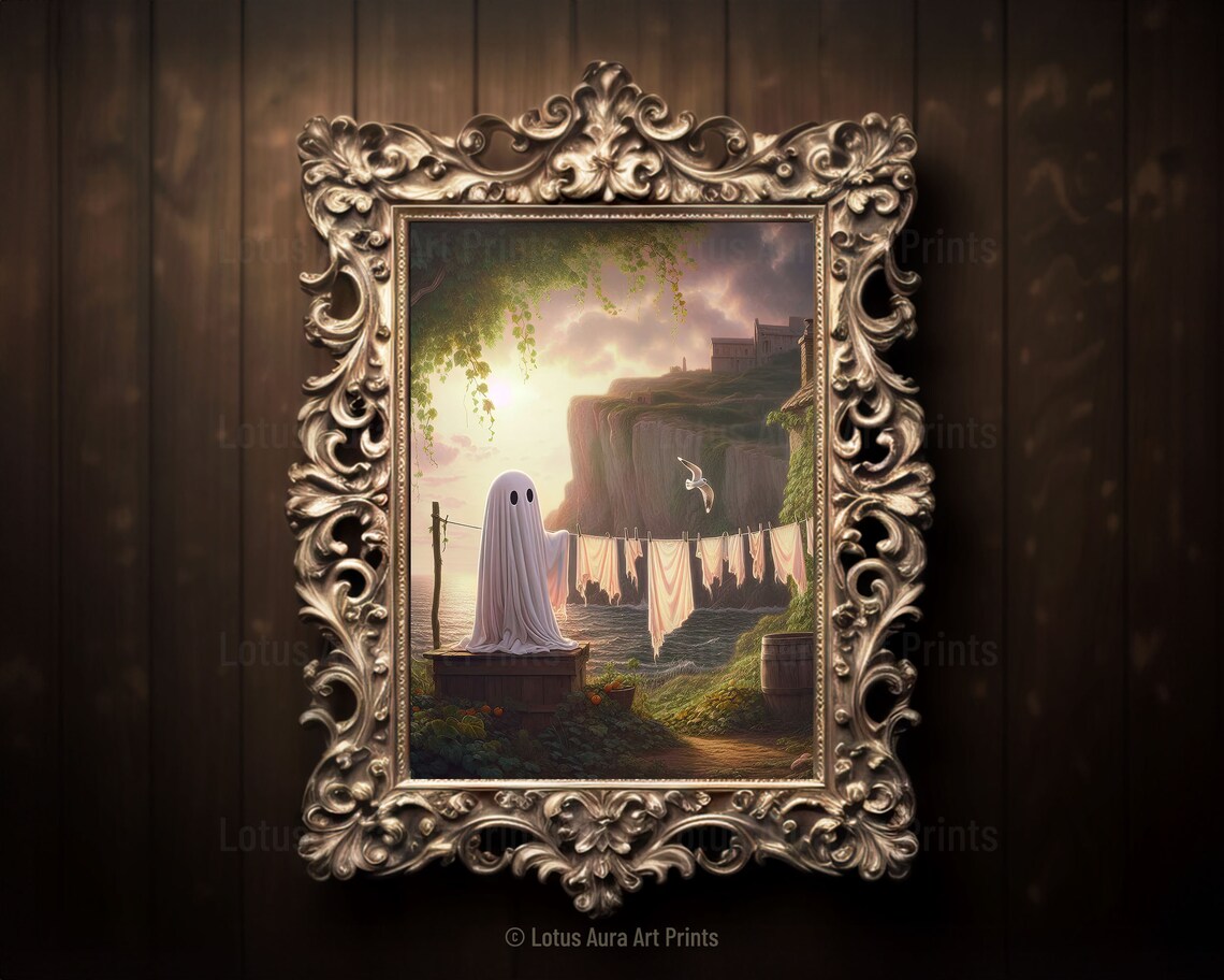 Ghost Doing Laundry Print, Gouache Painting, Ghost Laundry Print, Dark ...