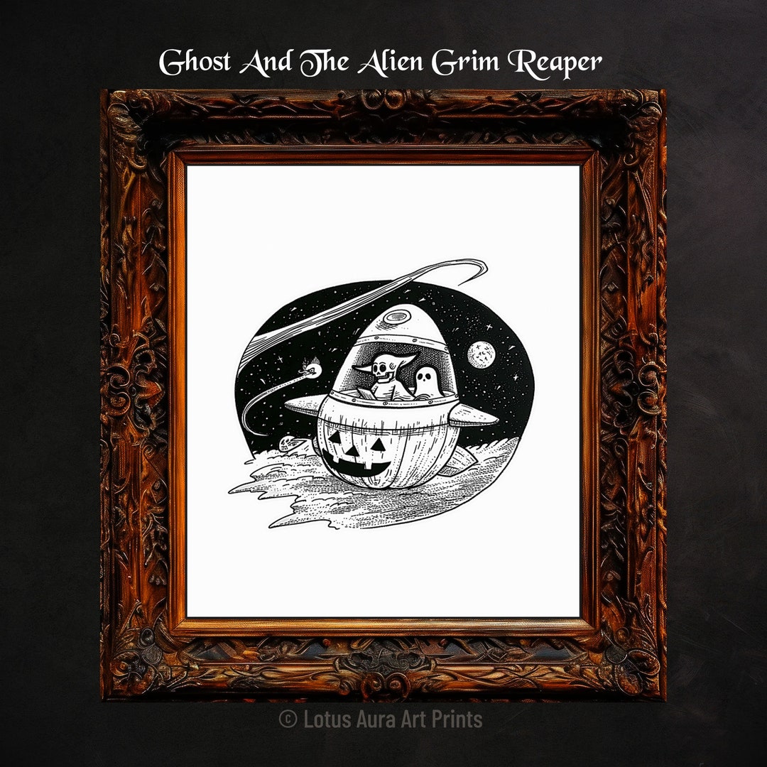 Ghost and Alien Grim Reaper in Sci-fi Space Rocket Pumpkin, Pen and Ink ...
