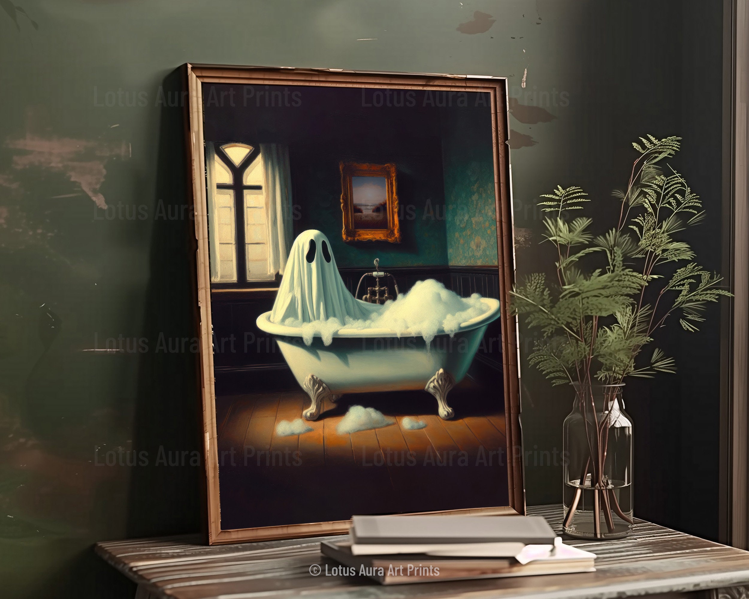 Ghost in the Bathtub Print, Ghost Bathroom, Halloween Decor, Art Poster ...