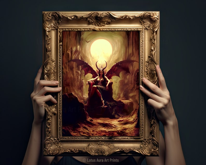 Lilith Sitting on Throne Devil Print Canvas, Demon Vintage Dark Art ...
