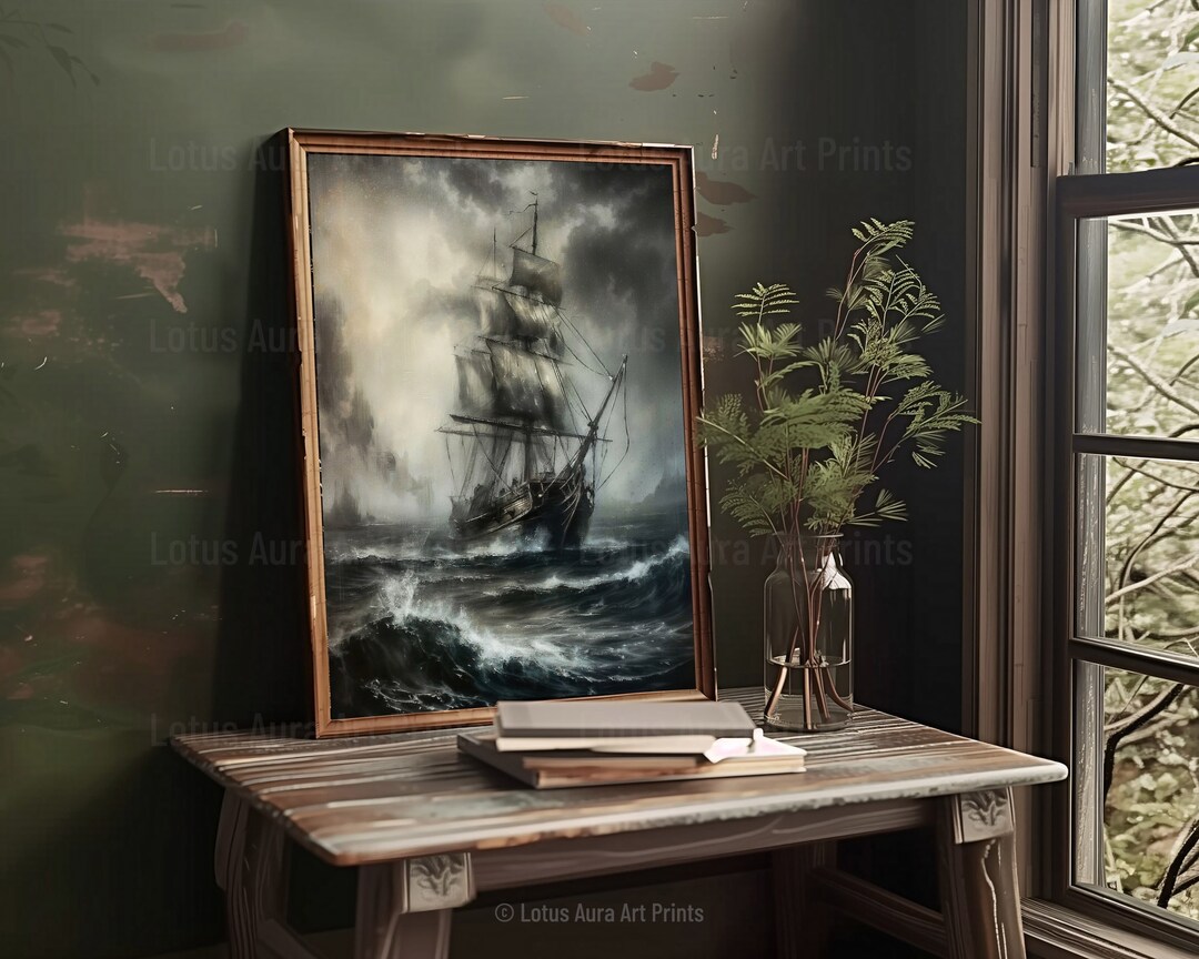 Ship in Stormy Sea, Coastal & Ocean Aesthetic, Dark Academia Decor ...