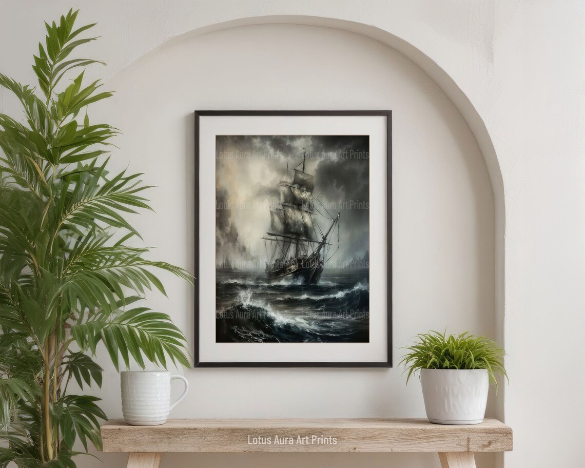 Ship in Stormy Sea Print,coastal&ocean Aesthetic,dark Academia Decor ...