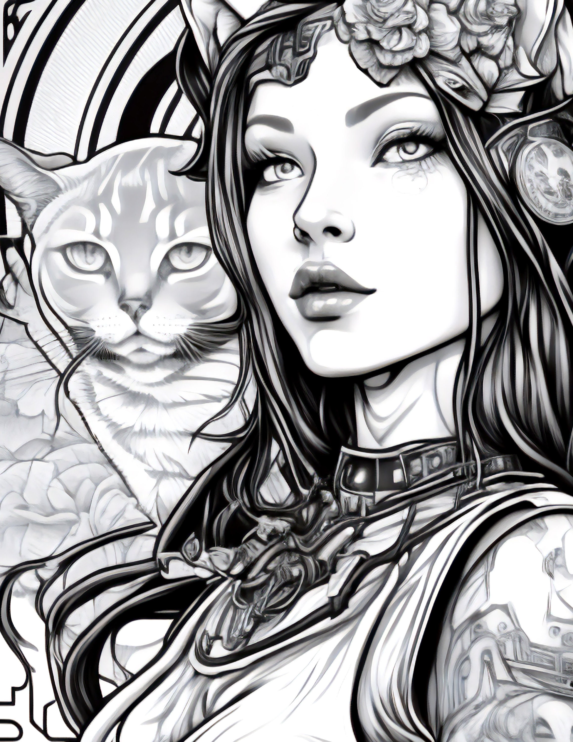 Cat Sorceress, Tala, Grayscale Coloring Page: Fantasy Floral Vintage ...