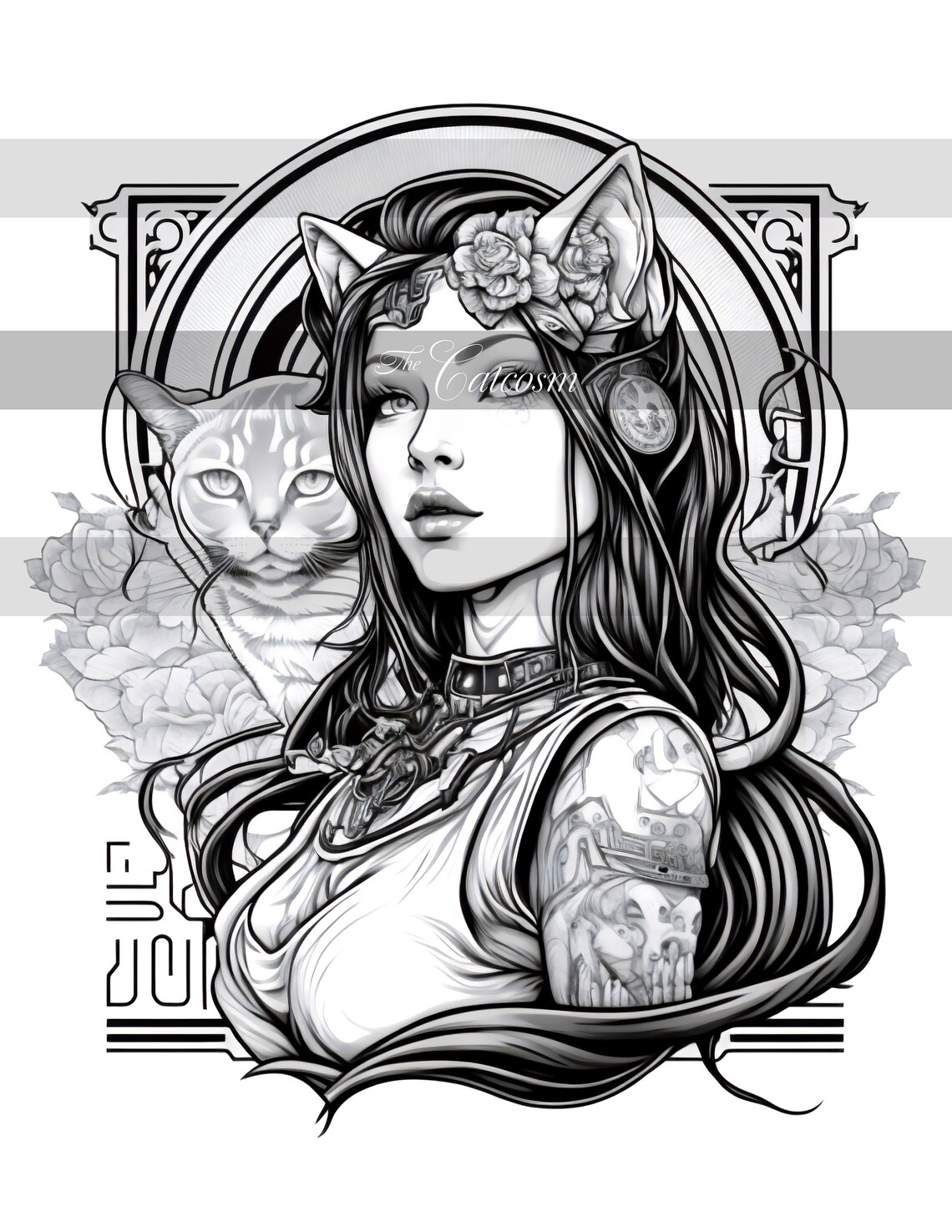 Cat Sorceress, Tala, Grayscale Coloring Page: Fantasy Floral Vintage ...