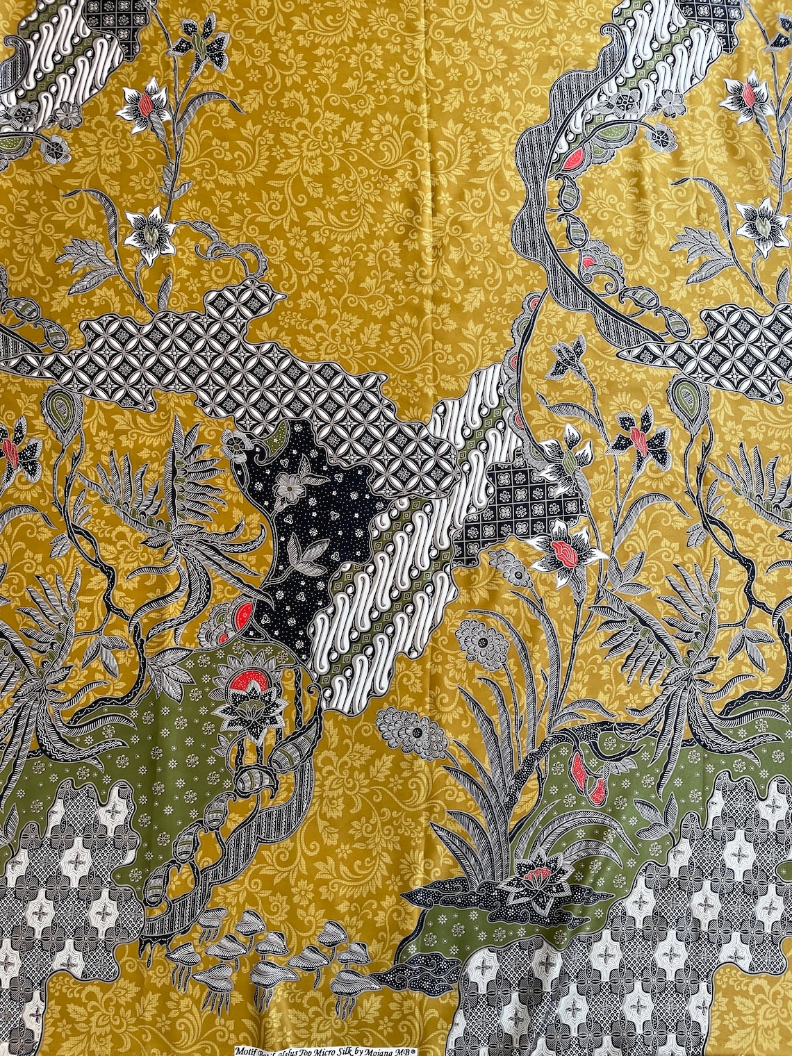 Indonesian Mustard Yellow & Green Batik Print Fabric 100% Silk by the ...