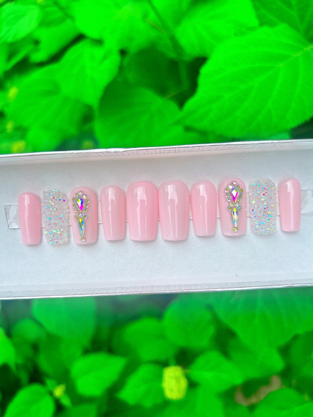 Pink Sparkles Press on Nails Short, Luxury False or Fake Nails for ...