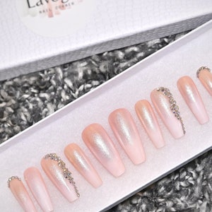 Bridal Wedding Press on Nails Coffin Long, Elegant Pearl Glue on Nails ...