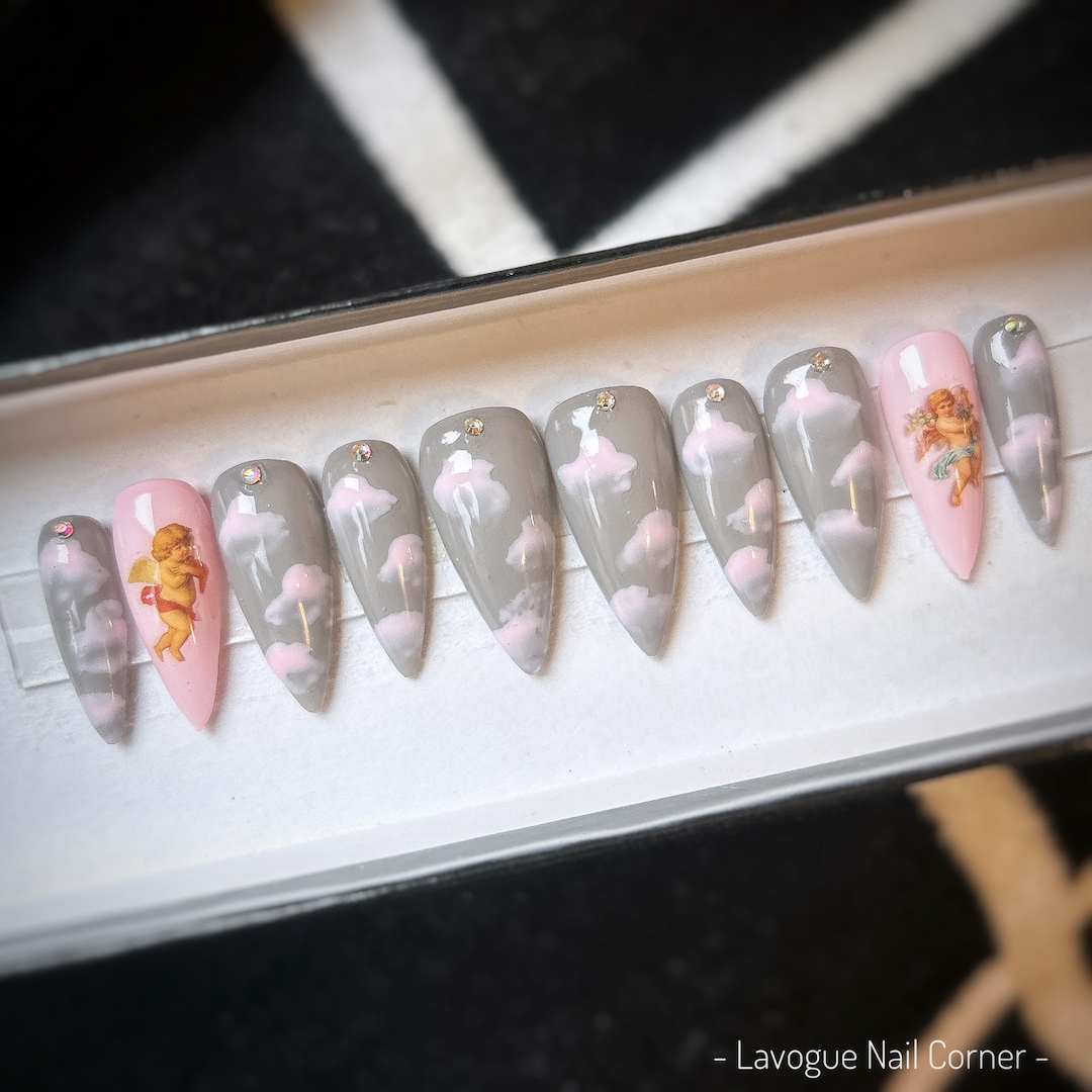 Kawaii Angel Press on Nails Stiletto, Gray Cloud False or Fake Nails ...