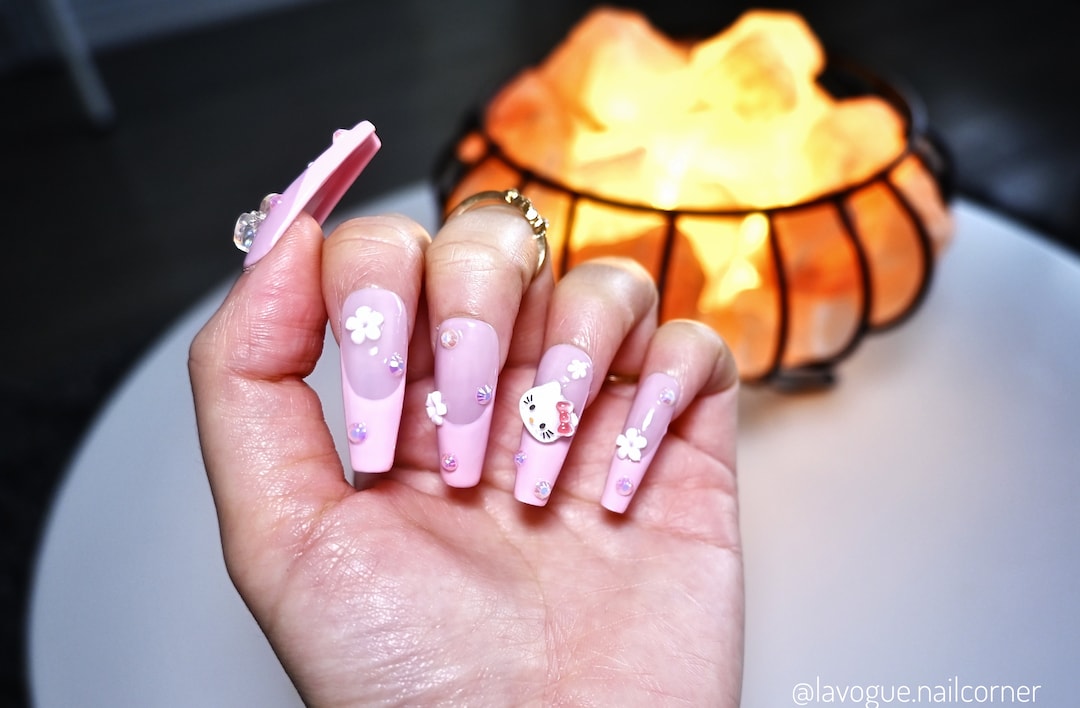 Kawaii Hello Kitty Press on Nails Coffin, Pink False or Fake Nails ...