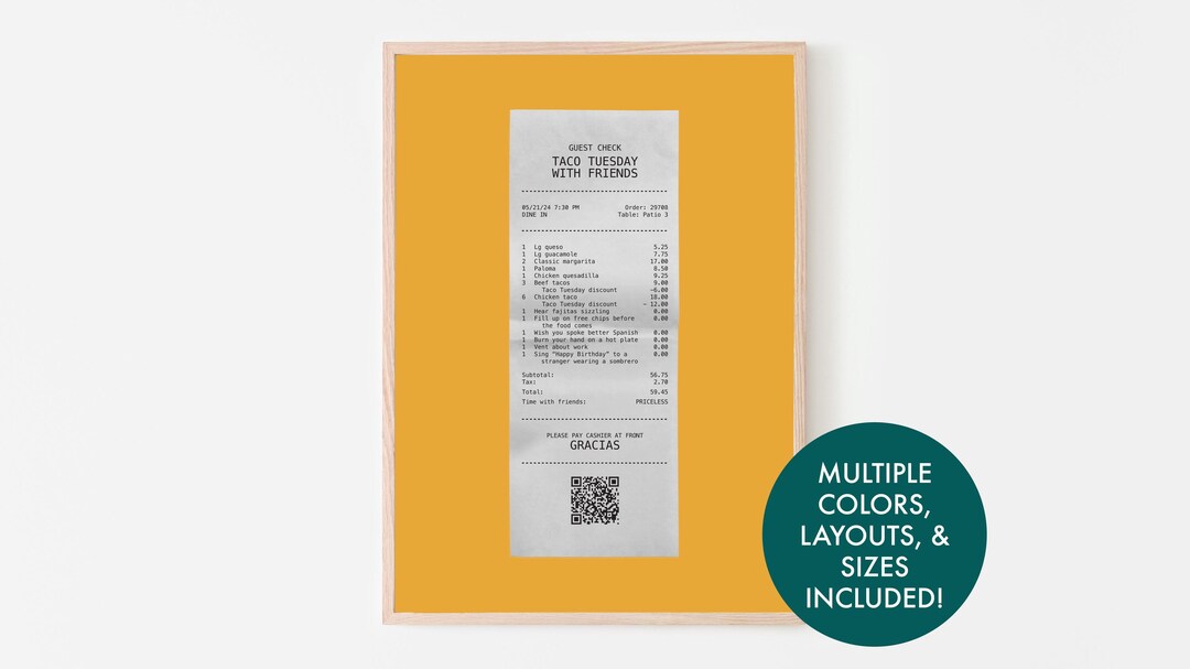 Taco Tuesday Guest Check Receipt - Funny Food Mexican Restaurant Art ...