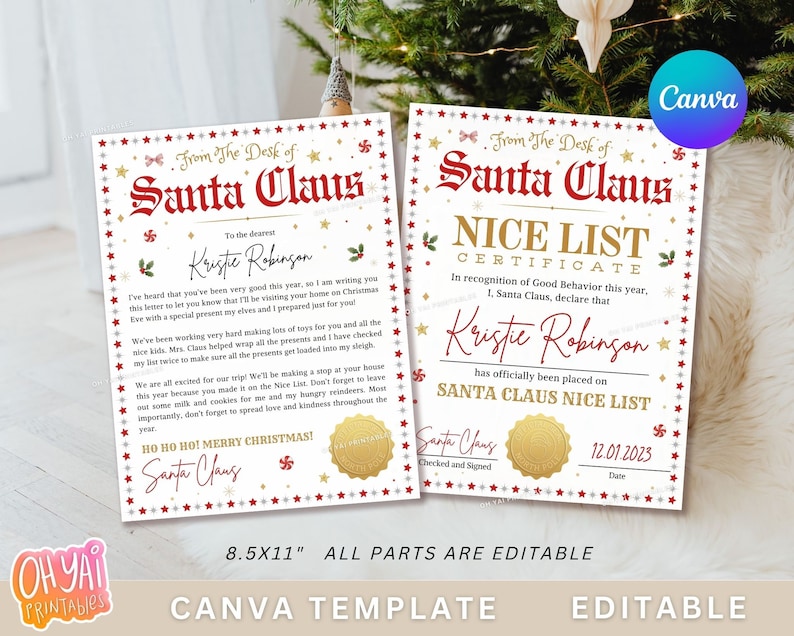 Editable Letter From Santa Printable Nice List Certificate - Etsy Australia
