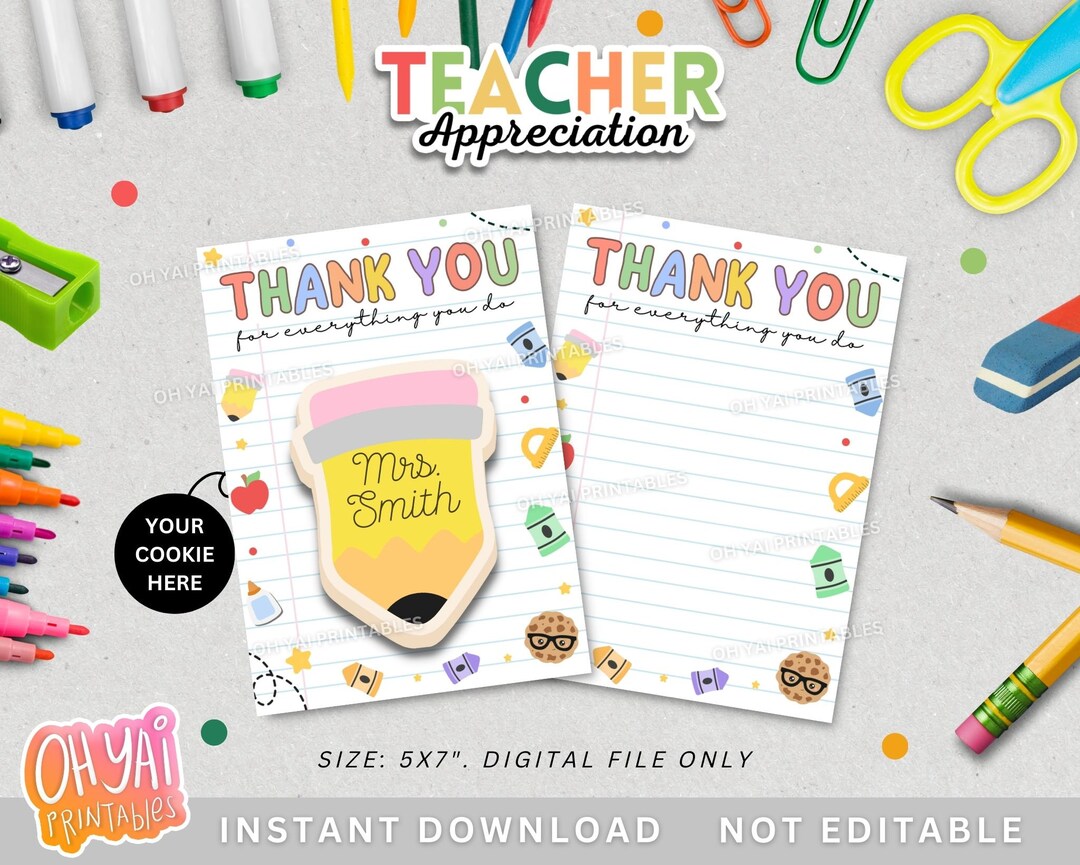 5x7 Teacher Appreciation Cookie Card, Printable Teacher Appreciation ...