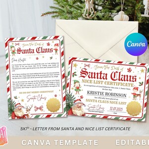 Editable Letter From Santa Printable Nice List Certificate - Etsy