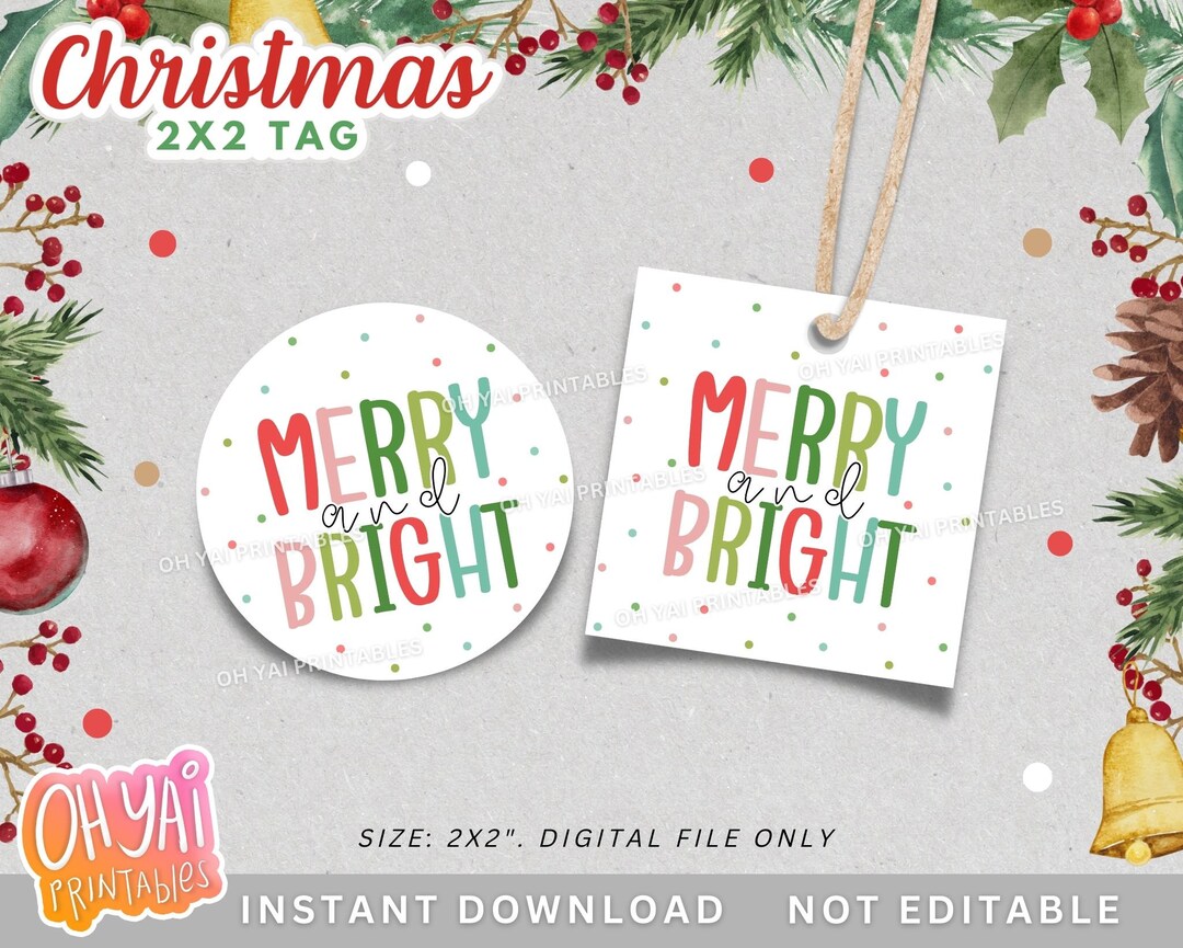 Printable Christmas Tag Merry and Bright Tag Pastel - Etsy
