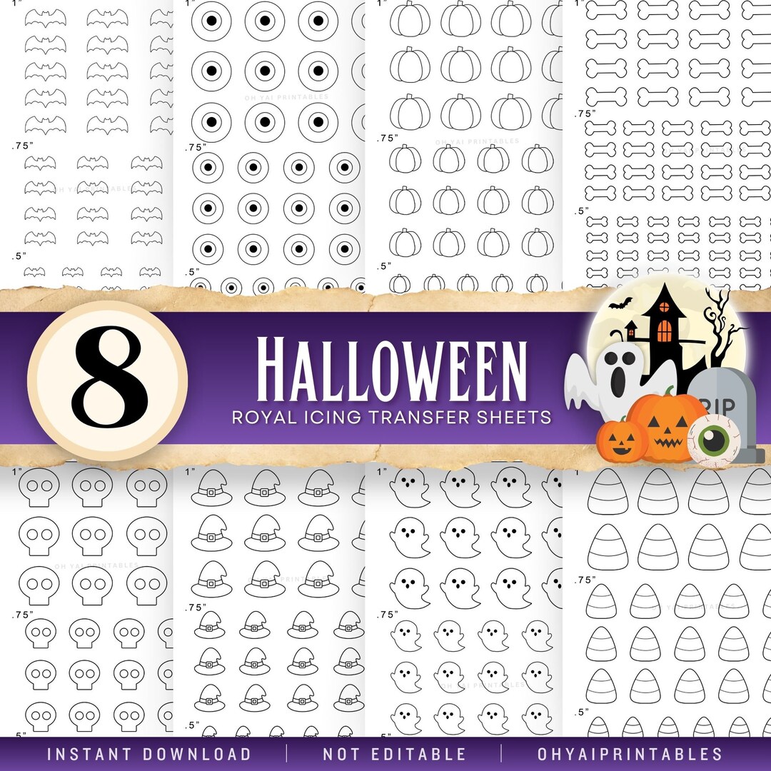 Halloween Royal Icing Transfer Sheets, Set of 8, Royal Icing Templates ...