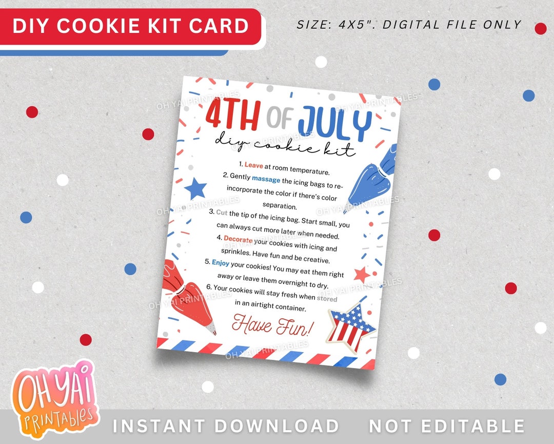 4th of July Cookie Kit Instructions, Printable DIY Cookie Kit Card, 4th ...