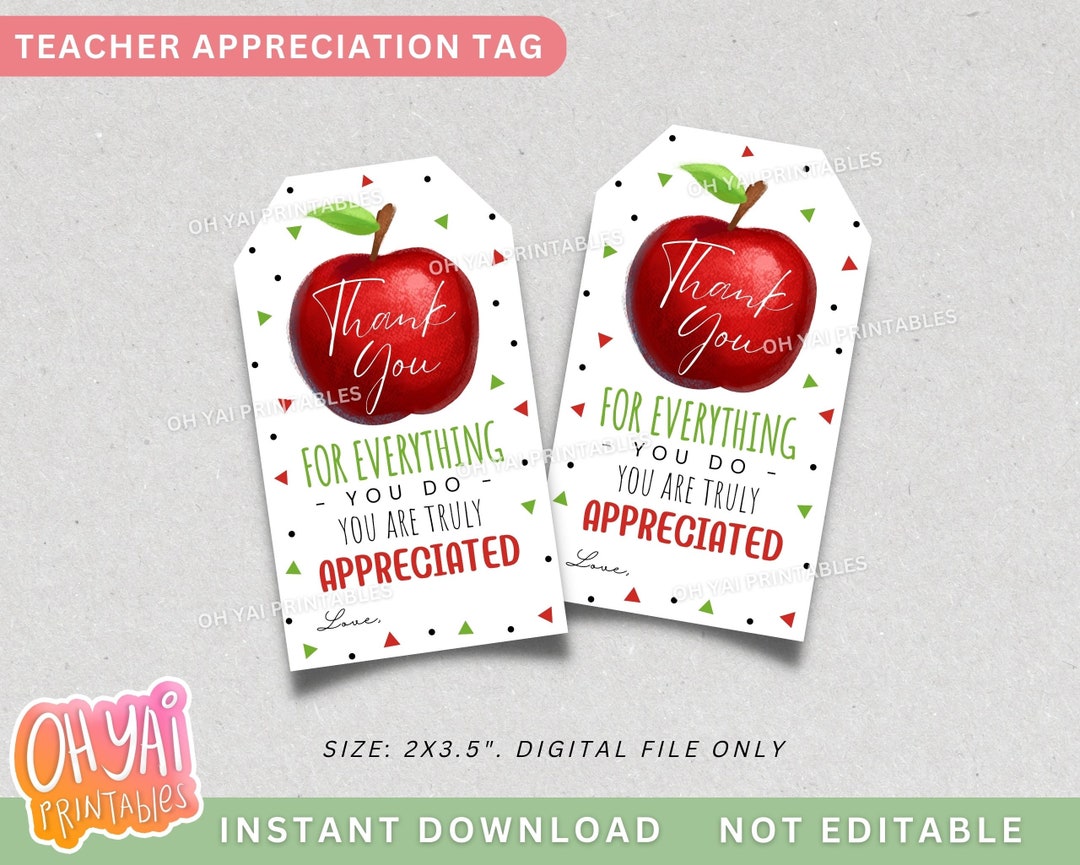 Teacher Appreciation Tag, Printable Teacher Appreciation Tag, Thank You ...
