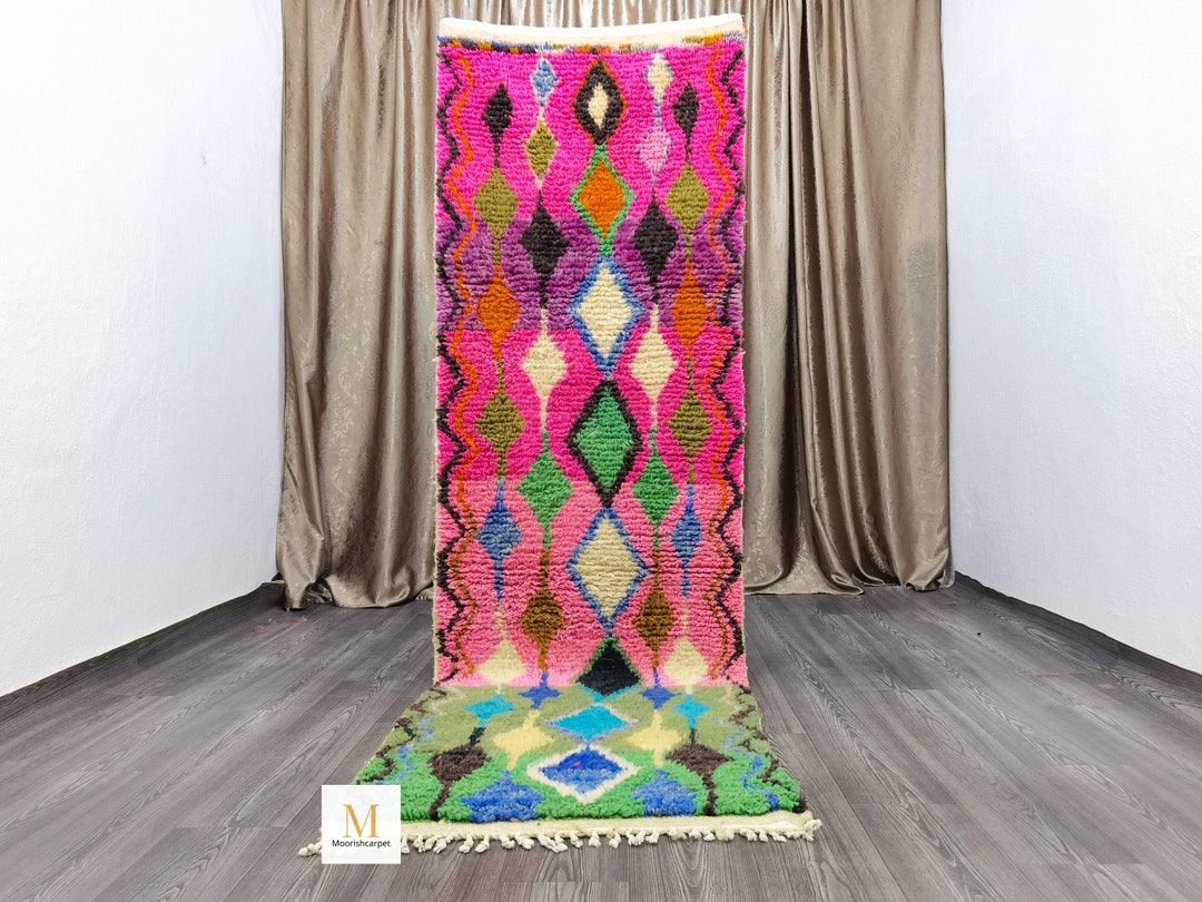 Colorful Rug Runner, Pink Runner Rug , Green Wool Shaggy Rug, Berber ...