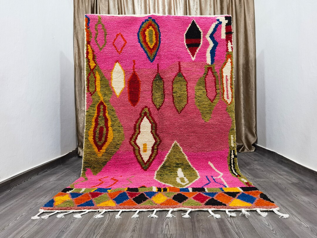 Gorgeous Moroccan Pink Rug - Custom Bohemian Rugs - Wool Rug Green ...