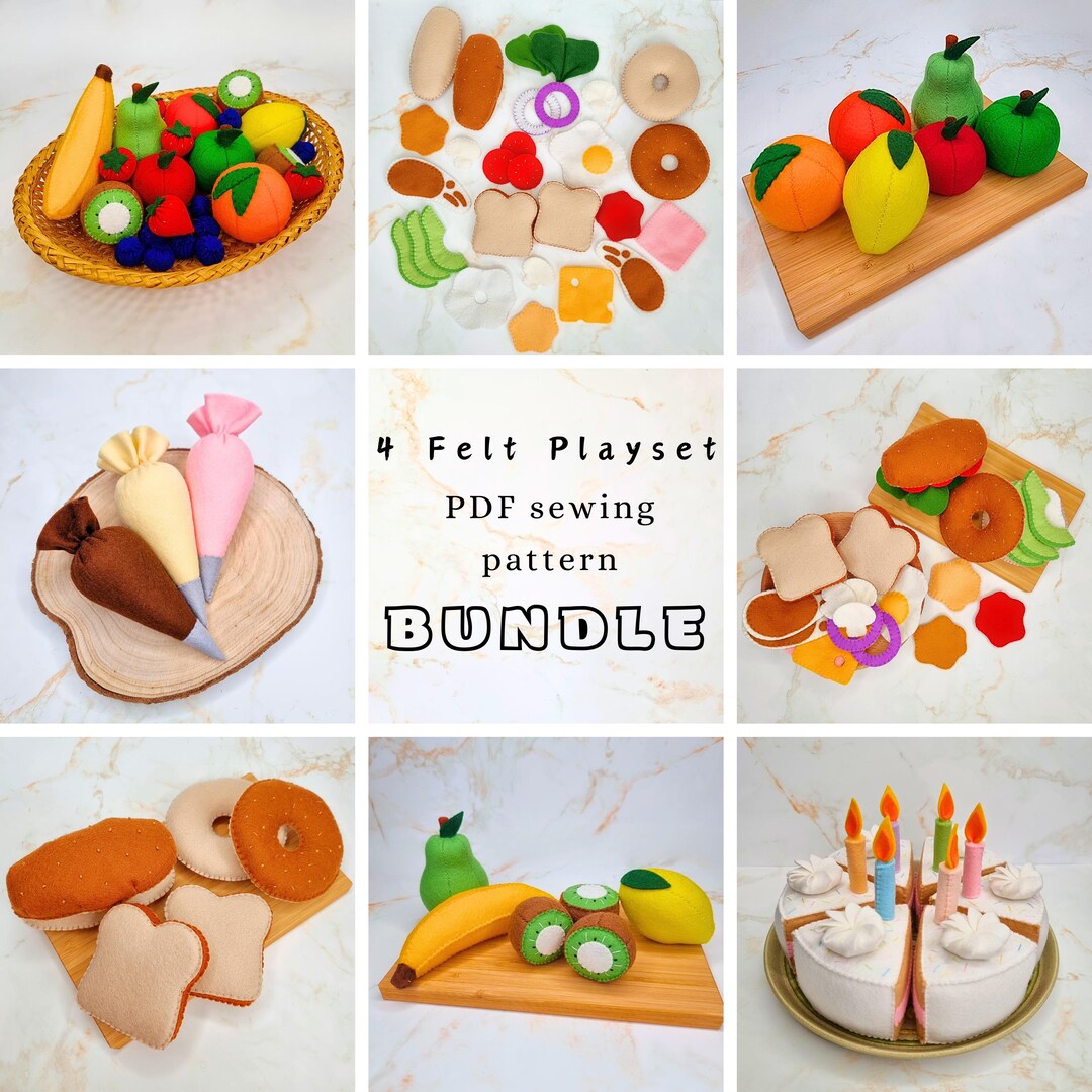 4 Felt Food Sewing Pattern Bundle: DIY Groceries for Kids Pretend Play ...