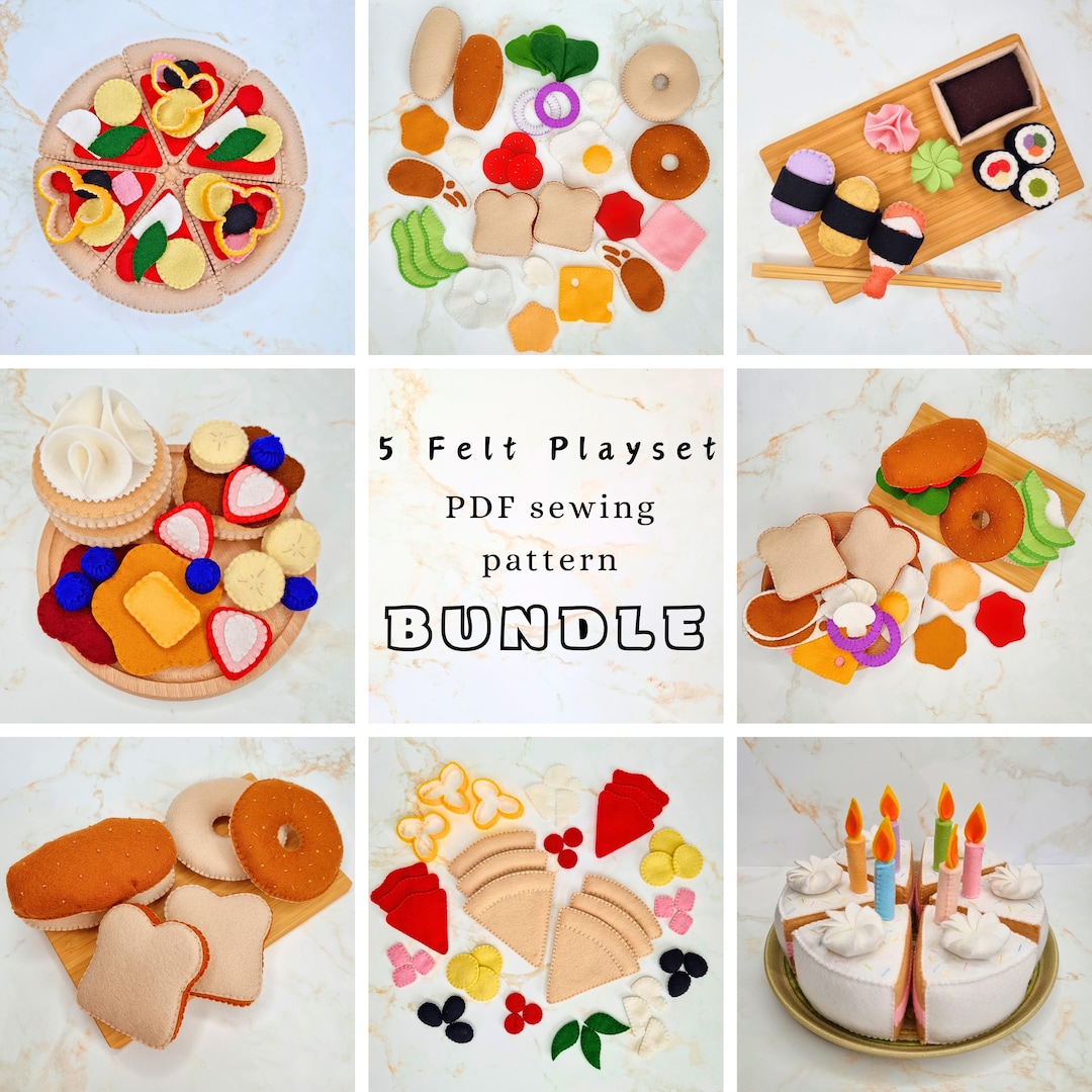 5 Felt Food Playset Sewing Pattern BUNDLE: Easy DIY Play Food for Kids ...