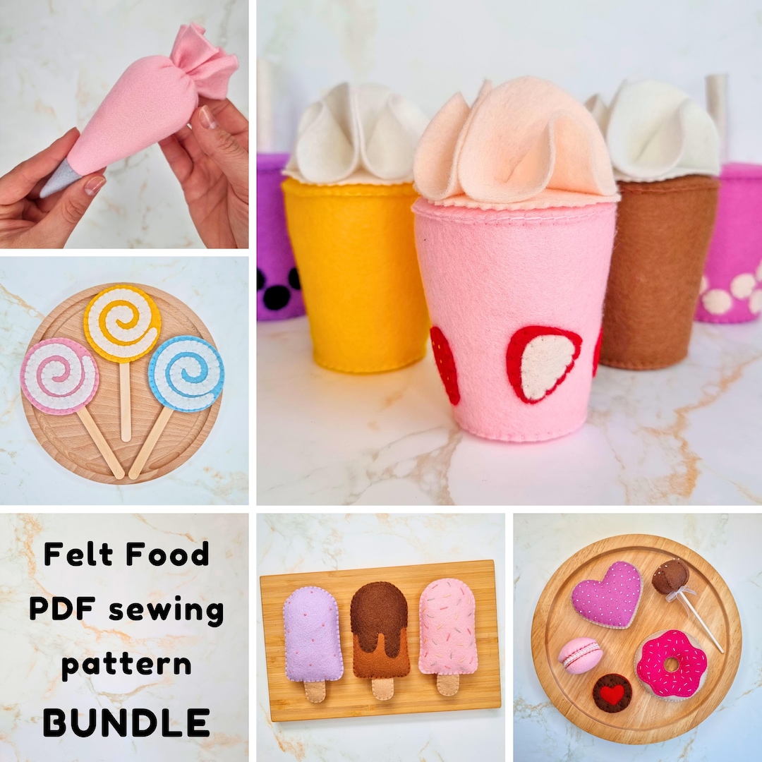 Felt Food Playset PDF Sewing Pattern BUNDLE - Summer Treats - Donuts, Lollipops, 3D Drink Cups ...