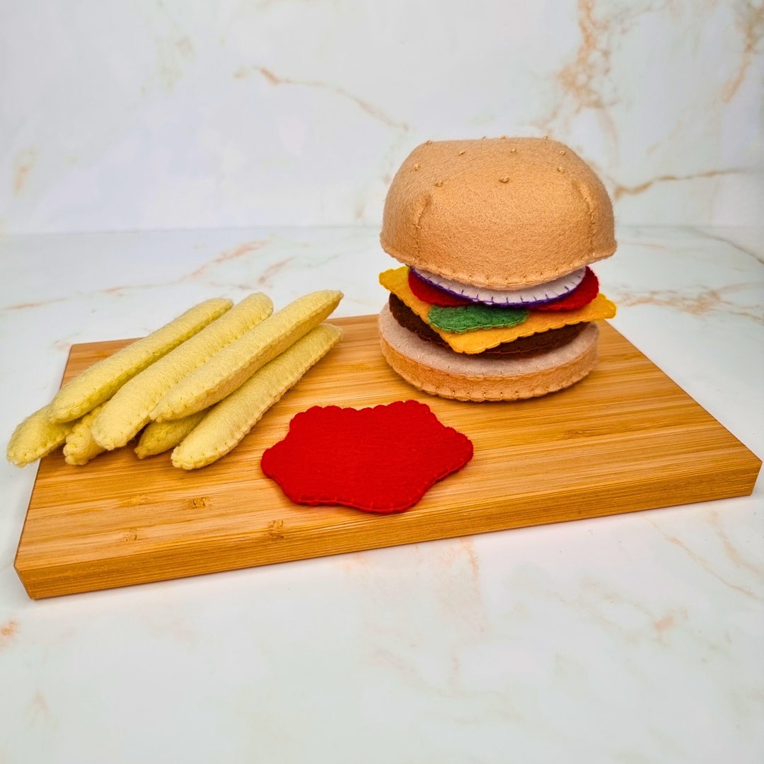 Cheeseburger & Fries Playset (100% Wool Felt), Kids Faux Food for ...