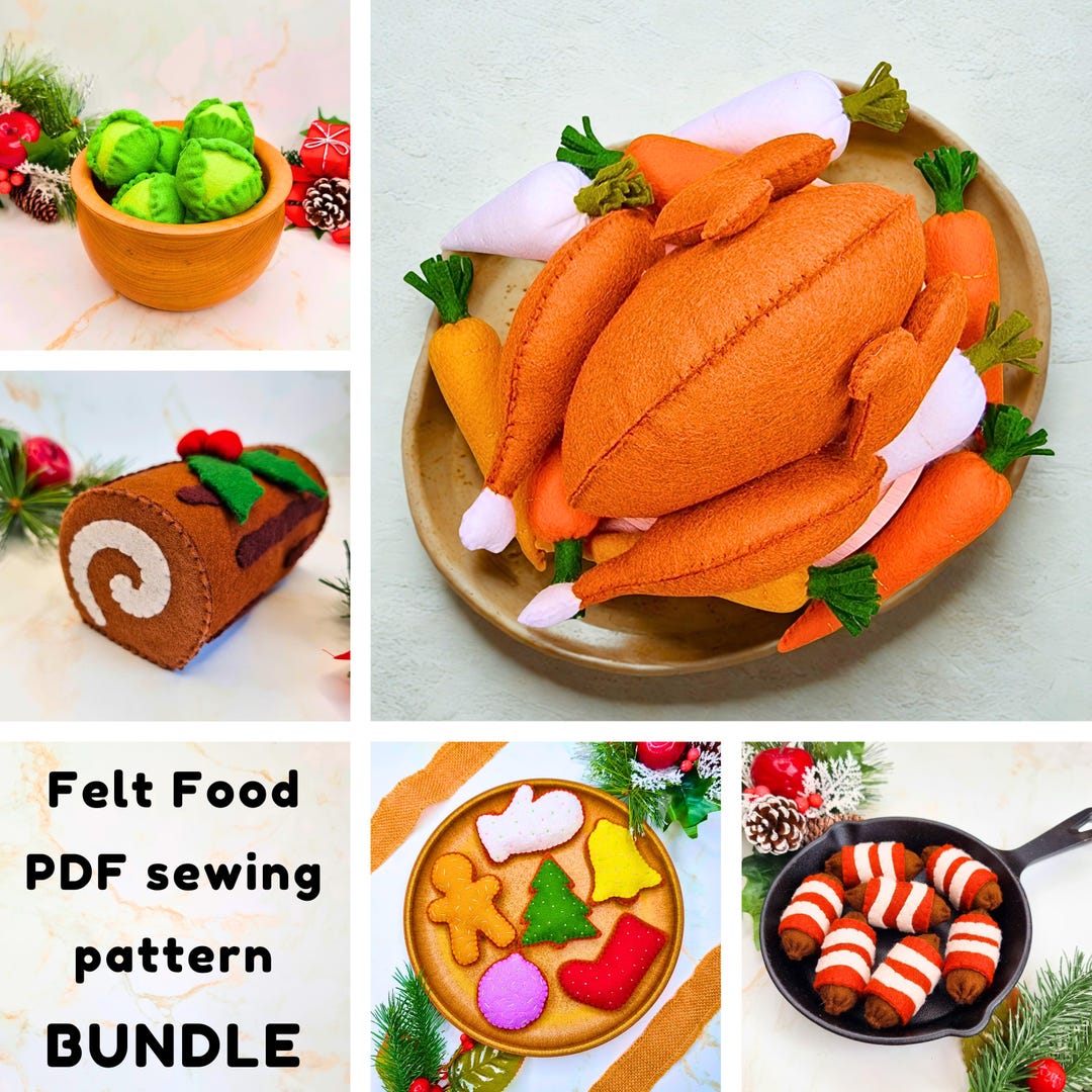5 Felt Christmas Food Sewing Pattern Bundle: Turkey Dinner, Sausages ...
