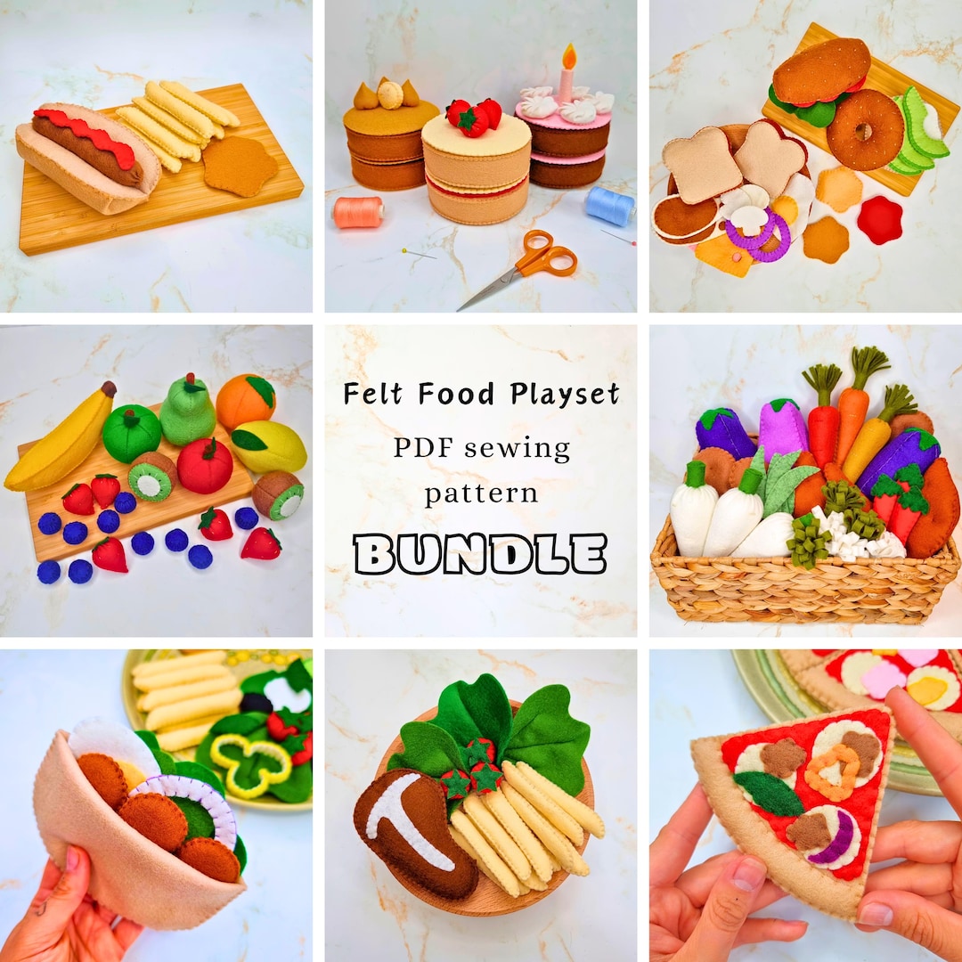 9 Felt Food Playset Sewing Pattern Bundle: DIY Play Kitchen Toys (PDF ...