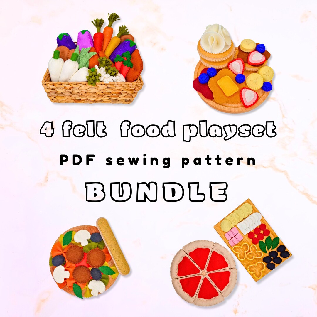 4 Felt Food Sewing Pattern Bundle: Pizza, Pasta, Vegetables, Pancakes ...