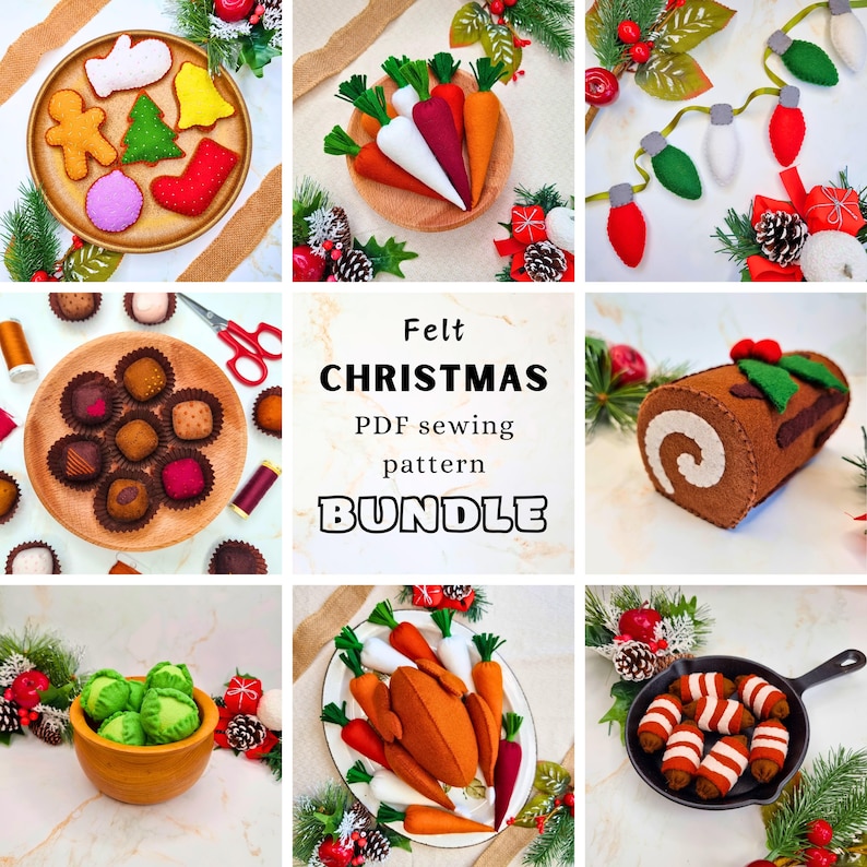 7 Felt Christmas Food Sewing Pattern Bundle: Turkey, Cookies, Yule Log ...